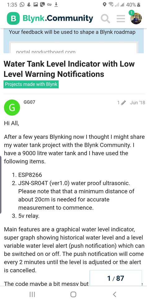 Water Tank Level Indicator With Low Level Warning Notifications