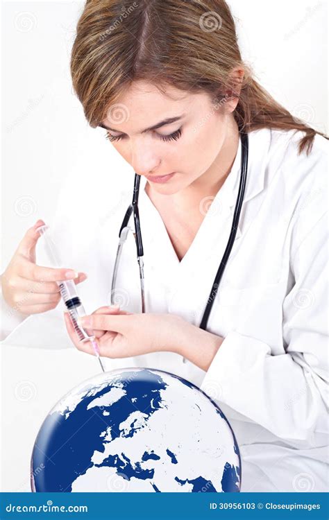Woman Give Injection To World Globe On White Stock Image Image Of