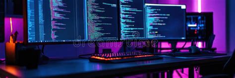 Modern Programmer Home Office Setup With Multiple Screens And Neon Lighting Creating An Engaging