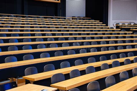 Empty College Or University Classroom Or Lecture Hall Wooden Desks And Benches No People Stock