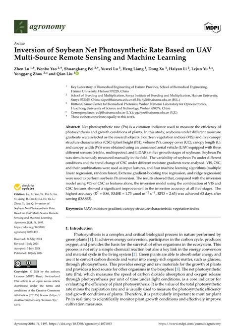 Pdf Inversion Of Soybean Net Photosynthetic Rate Based On Uav Multi Source Remote Sensing And