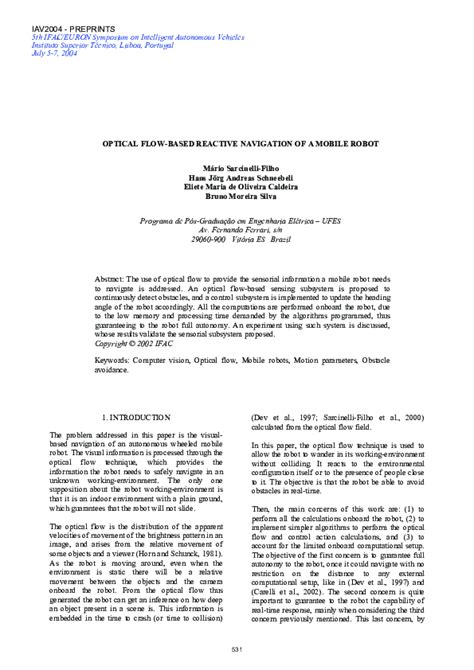 Pdf Optical Flow Based Reactive Navigation Of A Mobile Robot