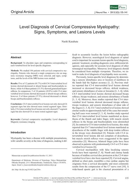 Level Diagnosis Of Cervical Compressive Myelopathy Signs Symptoms