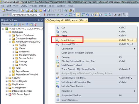 CaryHsu 學無止盡 SQL Server 2012 Code Name Denali 新T SQL語法介紹 Code Snippet Manager