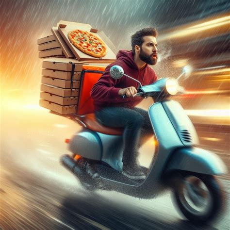 Repartidor De Pizzas En Scooter Apresurándose A Entregar Pedidos A Los
