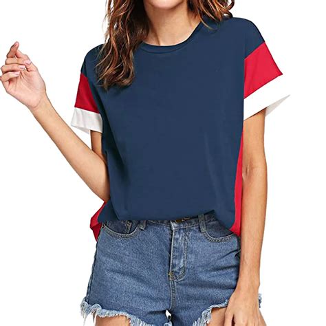 Fashion Casual Color Block T Shirt Summer Women Short Sleeve Tee Shirts O Neck Loose Tunic Tops