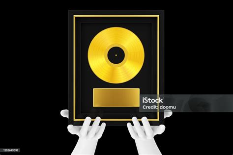 블랙 프레임의 라벨과 함께 골드 비닐 또는 Cd 상을 들고 추상 마네킹 손 3d 렌더링 노래에 대한 스톡 사진 및 기타 이미지 노래 디스크 디지털 생성 이미지