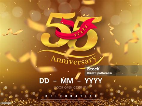 골드 배경에 55 년 기념일 로고 템플릿 55 빨간 리본 벡터와 색종이 고립 된 디자인 요소와 황금 숫자를 축 하 광고에 대한 스톡 벡터 아트 및 기타 이미지 Istock