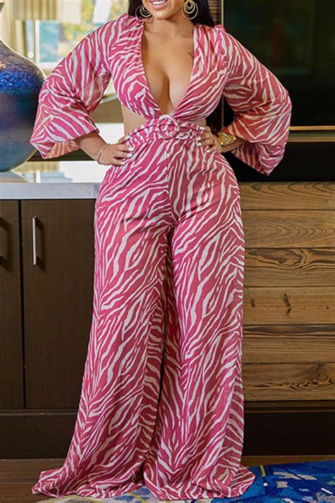 Sexy Deep V Neck Print Cutout Long Sleeve Wide Leg Jumpsuits