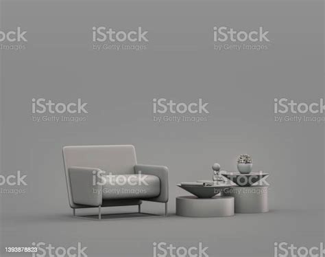 단일 커피 테이블과 안락 의자 단색 회색 인테리어 룸과 빈 벽 회색 3d 렌더링 0명에 대한 스톡 사진 및 기타 이미지 0명