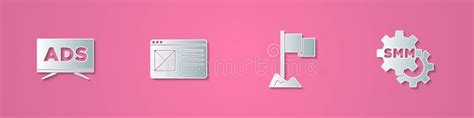 Set Paper Cut Advertising Browser Window Location Marker And Social Media Marketing Icon