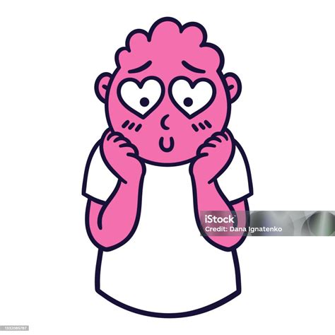 사랑의 감정에 빠지는 남자 부끄러운 이모티콘 아바타 혼란스러운 사람의 초상화 만화 스타일 플랫 디자인 벡터 일러스트레이션 긍정적인 감정 표현에 대한 스톡 벡터 아트 및 기타