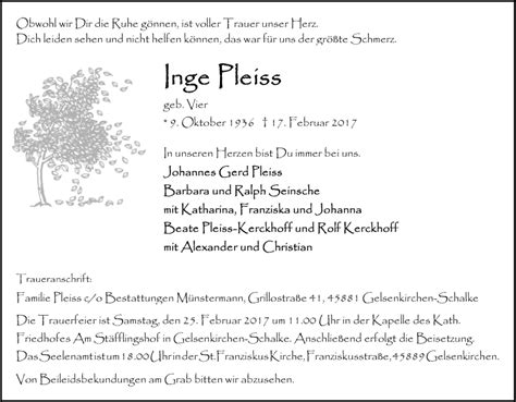 Traueranzeigen Von Inge Pleiss Trauer In Nrw De