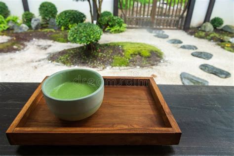Hot Macha Milk Green Tea With Traditional Japanese Garden Stock Image