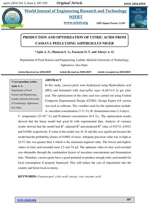 Pdf Production And Optimization Of Citric Acid From Cassava Peels