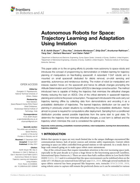 Pdf Autonomous Robots For Space Trajectory Learning And Adaptation