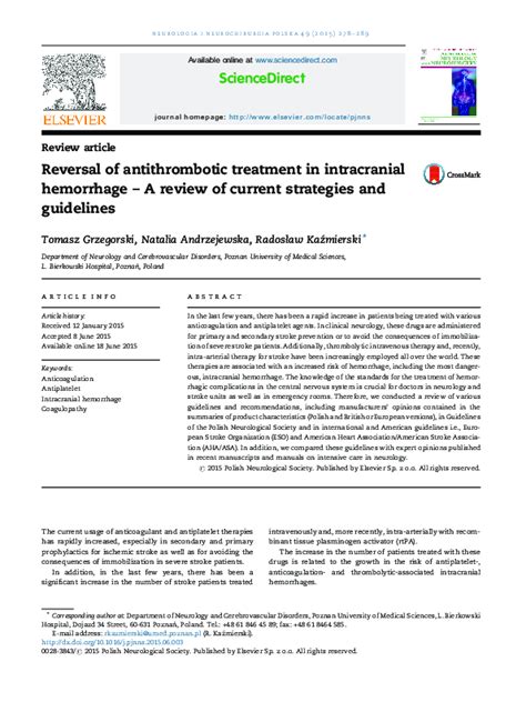 Pdf Reversal Of Antithrombotic Treatment In Intracranial Hemorrhage A Review Of Current