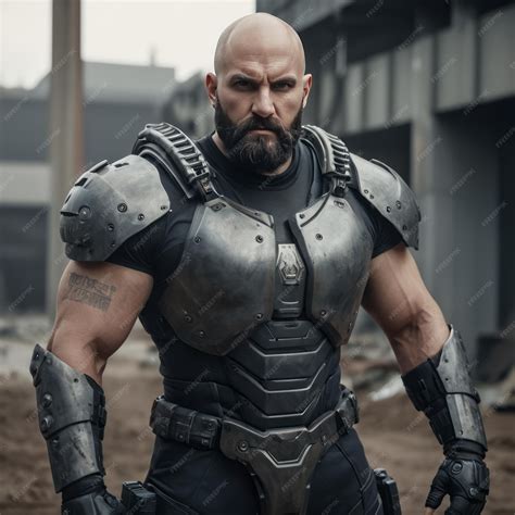 Bald Man Large Beard Muscular Heavy Cyberpunk Armor Premium Ai