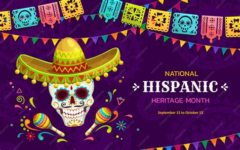 마라카스 국립 히스패닉 문화 유산의 달 축제 배너가 있는 파펠 피카도 깃발과 칼라베라 두개골 스페인 공동체의 문화적 공헌을 기리는 축하 연례 행사를 위한 벡터 배경