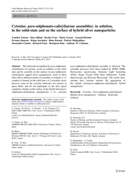 Pdf Cytosine Para Sulphonato Calix 4 Arene Assemblies In Solution In The Solid State And On