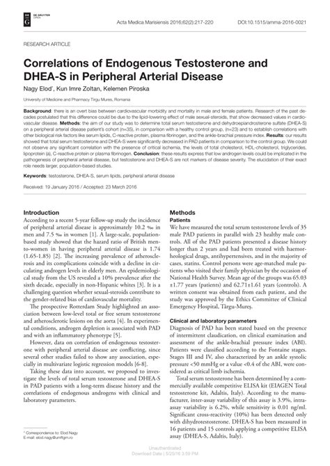 Pdf Correlations Of Endogenous Testosterone And Dhea S In Peripheral