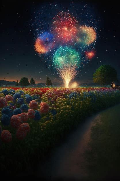 Premium Ai Image Field Of Flowers With Fireworks In The Sky Generative Ai