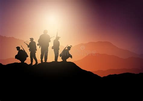 Silhouettes Of Soldiers On Lookout In Sunset Landscape Stock Vector