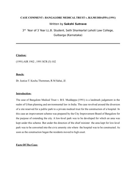Case Commentary On Bangalore Medical Trust V B S Muddappa 1991