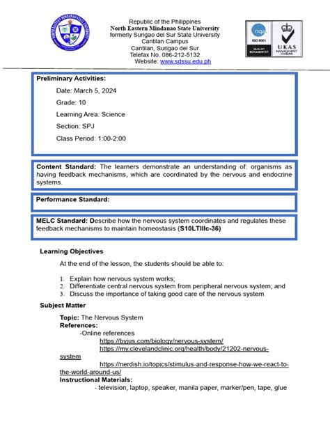 Co 2 Lesson Plan Nervous System Pdf Nervous System Neuron