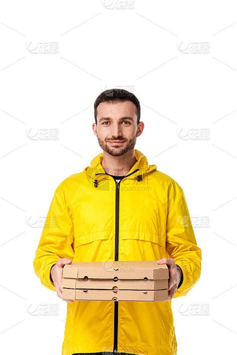 快乐的送货员拿着披萨盒孤立在白色图片其他图片图片素材 花瓣网