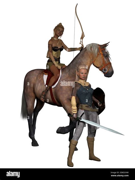 3d Illustration Portrait Of Two Fantasy Elven Warrior Women Isolated On