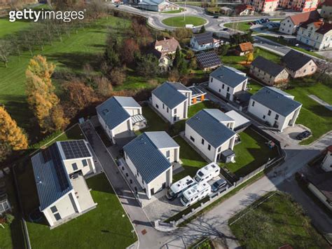 Low Aerial Close View New Dense Rural Housing Development Mostly Grey