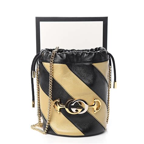 Gucci Calfskin Matelasse Striped Mini Gg Marmont Bucket Bag Black Beige