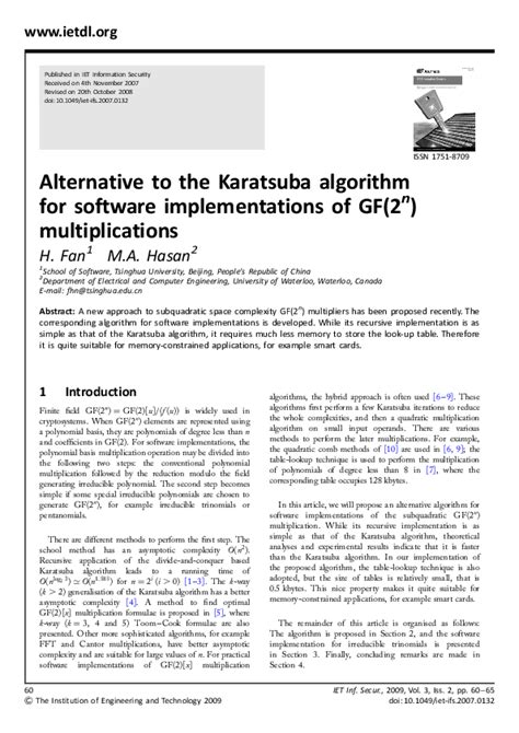 Pdf Alternative To The Karatsuba Algorithm For Software Implementations Of Gf2n Multiplications