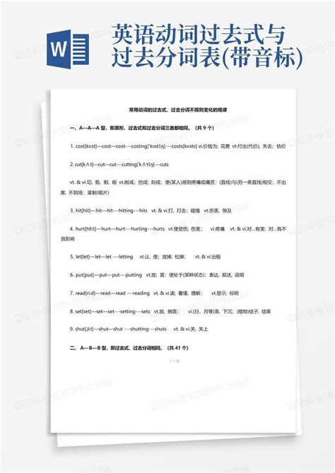 英语动词过去式与过去分词表 带音标 Word模板下载 编号lojervxn 熊猫办公