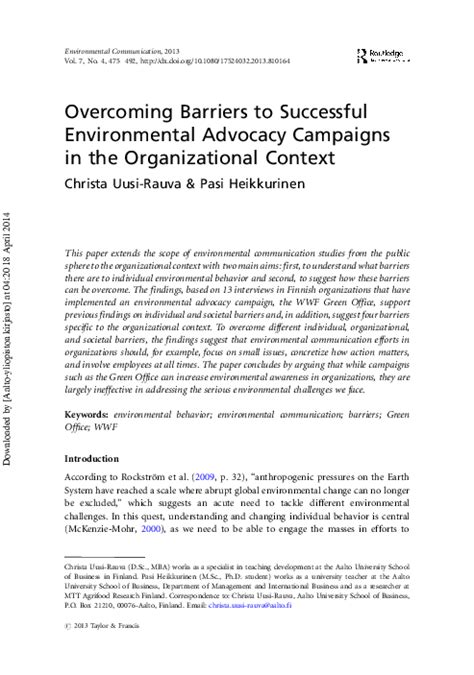 Pdf Overcoming Barriers To Successful Environmental Advocacy