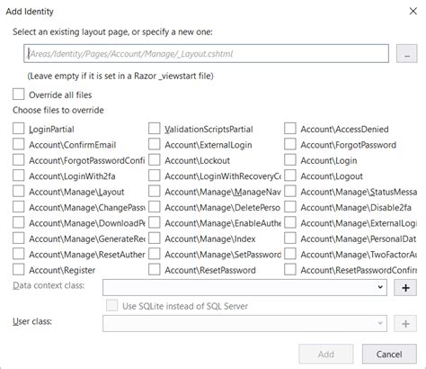 choose option for identity scaffolding talking dotnet