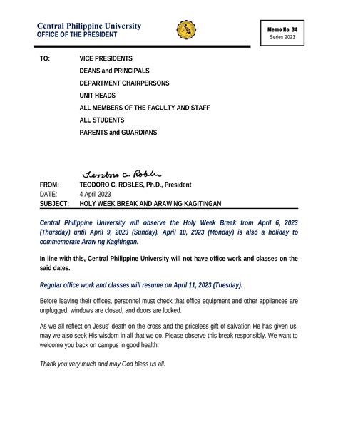 Memo No 34 HOLY WEEK BREAK AND ARAW NG KAGITINGAN Central Philippine