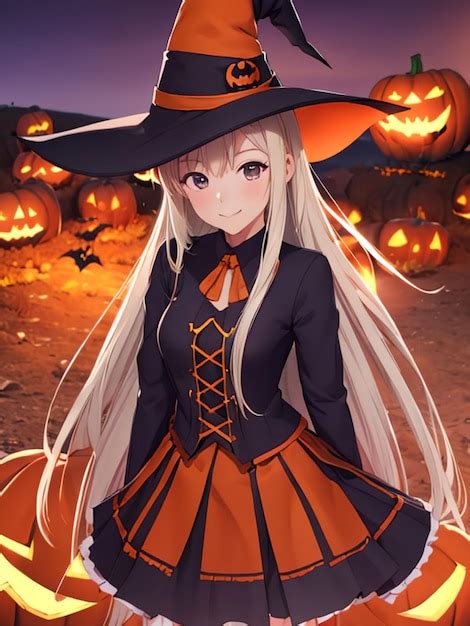 Premium Ai Image Cute Witch Girl On Halloween Night Anime Art For Mobile Wallpaper
