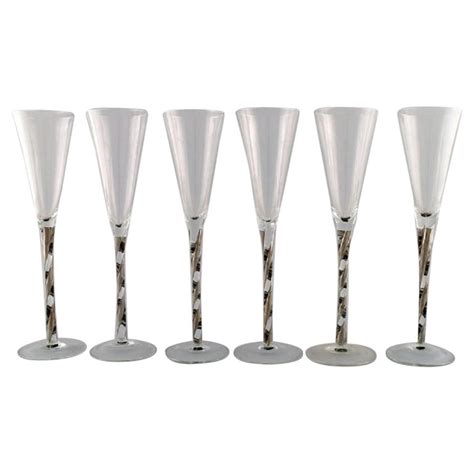 Scandinavian Glass Artist Six Champagne Glasses In Mouth Blown Art