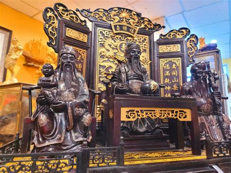 เทพเจ้าแห่งการอวยพร ฮก ลก ซิ่ว 福禄寿 ไม้จันทร์แดงอินเดีย สูง 55 กว้าง 54 ลึก 35 ซม Ennxo