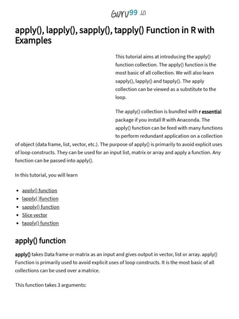Apply Lapply Sapply Tapply Function In R With Examples Pdf
