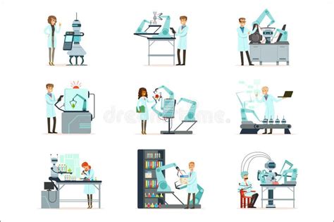 New Technologies Artificial Intelligence Set Scientists Working In The Laboratory With Robotic