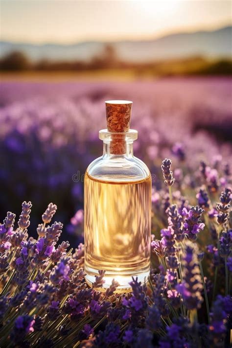 Glass Bottle Of Lavender Essential Oil With Fresh Lavender Flowers In