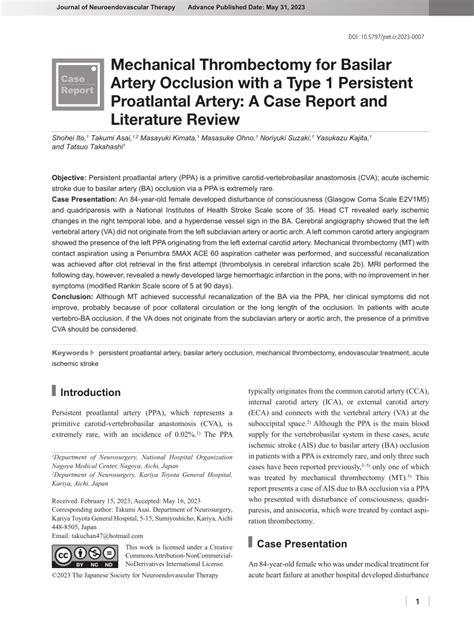 PDF Mechanical Thrombectomy For Basilar Artery Occlusion With A Type Persistent Proatlantal