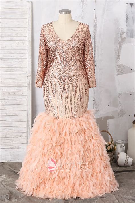 Rose Gold Sequin Feather Long Sleeve Plus Size Prom Dress Lunss