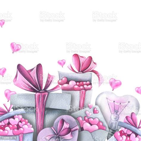 전구와 봉투가 달린 활과 하트가있는 선물 상자 수채화 그림입니다 발렌타인 데이 컬렉션의 배너 엽서의 디자인과 장식 발렌타인 데이