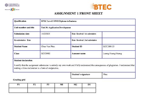 Asm1 1670 Chau Van Phuc 2001 23 Assignment 1 Front Sheet Qualification Btec Level 5 Hnd