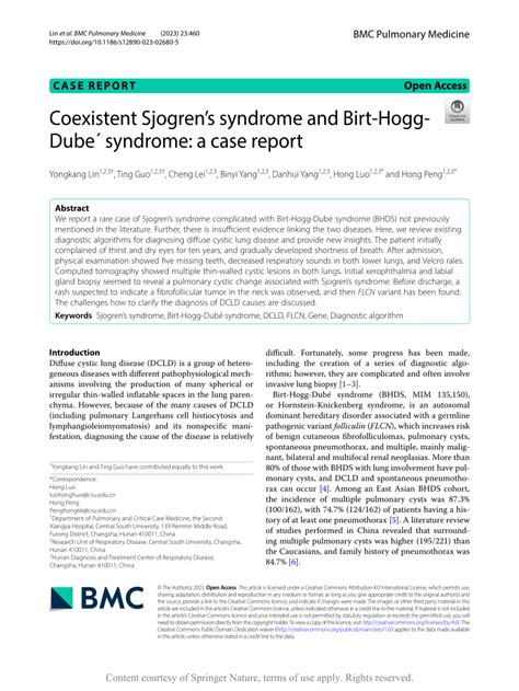 Pdf Coexistent Sjogrens Syndrome And Birt Hogg Dube´ Syndrome A