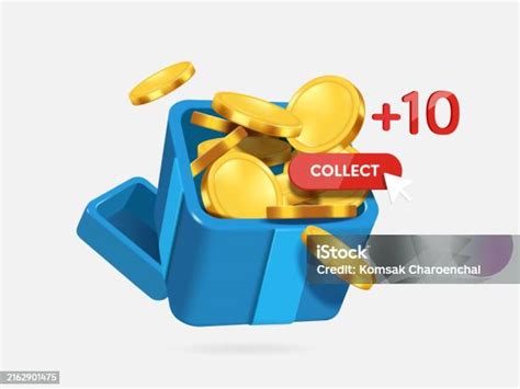 금화는 파란색 선물 상자에 수집되어 온라인 쇼핑 또는 배송 서비스를 사용한 후 포인트로 교환되며 프로모션 판매 디자인을 위해 흰색 배경에 고립 된 벡터 3d입니다 3차원